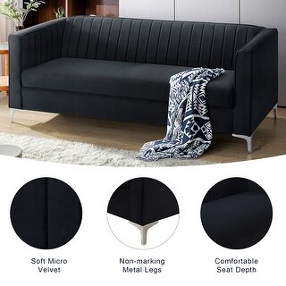 Black Channel Tufted Sofa w/ Semi-Attached Pillow Back Loveseat ...