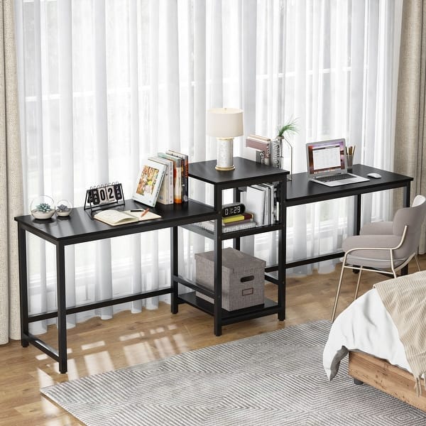 96.9" Two Person Computer Desk with Storge Shelves, Double Workstation ...