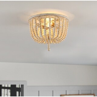 Vintage Beige 2-Light Bohemia Style Wood Bead Flush Mount Lighting ...