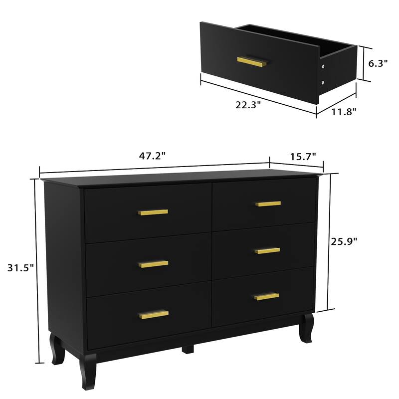 Timechee 6 Drawer 47.2''W Double Dresser Solid Wood Legs Lacquer Chest ...