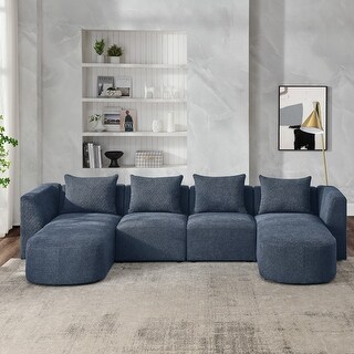 U-Shape Modular Sectional Sofa Loop Yarn Fabric Two Round Chaises - Bed ...