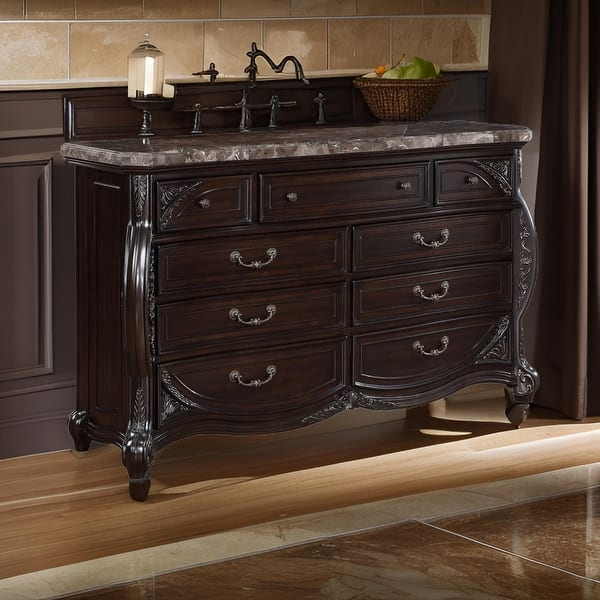 Faya 68 Inch Wide Dresser, 9 Drawers, Marble Top, Carved Walnut Brown ...