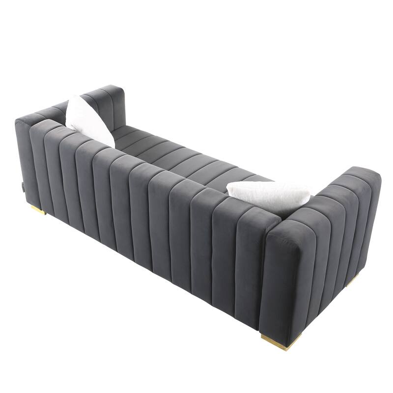 Dark Grey 87.01" Velvet Channel Tufted 3-Seater Sofa with Pillows ...