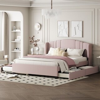 Pink Queen Size Wingback Platform Bed with One Twin Trundle and 2 ...