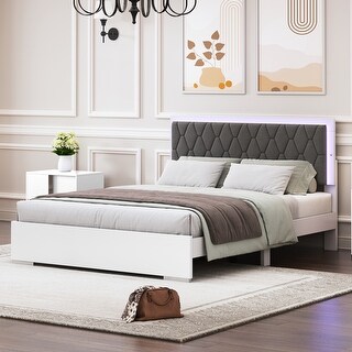 Queen Size Upholstered Platform Bed with LED Light Bed Frame and Velvet ...
