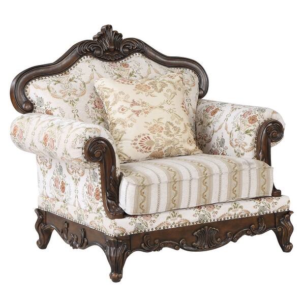 ACME Nayla Floral Upholstered Rolled Arm Chair with Pillow Walnut - Bed ...