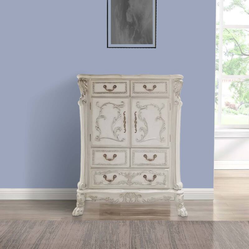 Aurora 55 Inch Carved Wood Chest, 5 Drawers, 2 Door Cabinet, Bone White ...
