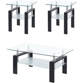 Clear Glass Coffee Table Set of 3, Modern Waterfall Design with Black ...