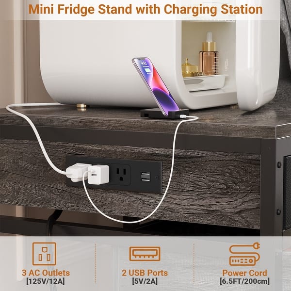 Mini Fridge Stand with Charge Station, Side/ End Table with Storage ...