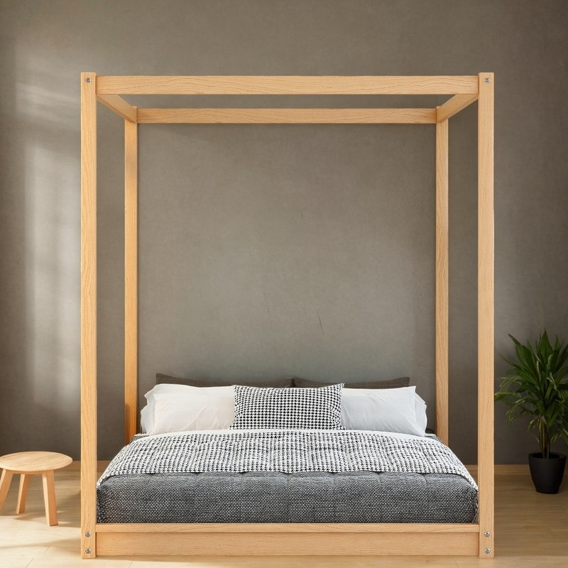 Keep Fresh Low Base Bed, Queen Size Canopy Bed with Sturdy Slats, Pine Wood Platform Bed with ...