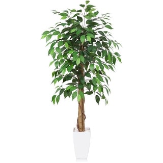Artificial Ficus Tree 4FT Tall Faux Silk Plant with White Taper Planter ...