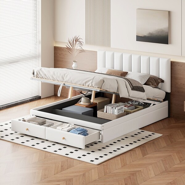 Full Queen Size Lift Up Upholstered Storage Bed with 2 Storage Drawers Headboard PU Leather Hydraulic Platform Bed w Storage Black