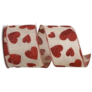 Red Glitter Hearts On Natural Linen Wired Ribbon - Bed Bath & Beyond ...