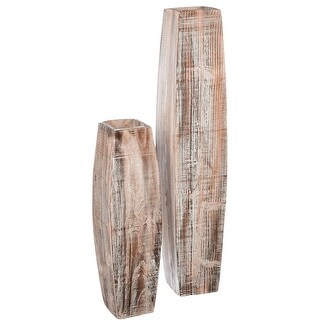 Set of White Washed Tall Oblong Wooden Vases, Large & Small, Brown ...