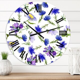 Designart 'Blue Wildflowers With Green Leaves I' Traditional wall clock ...