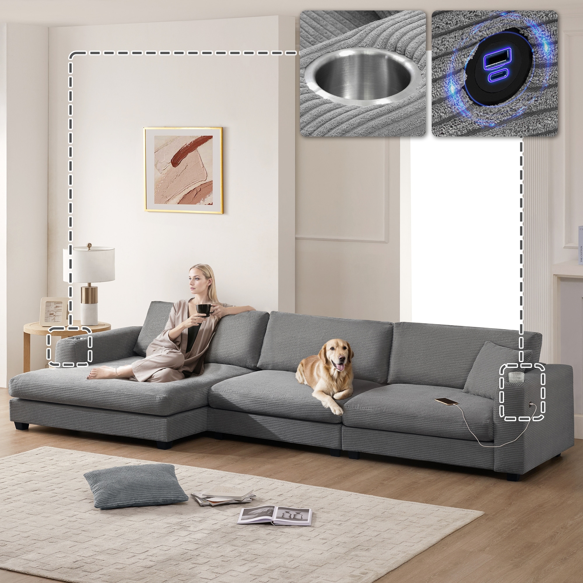 Corduroy Sectional Sofa L Shaped Cloud Deep Seat Sofa Bed with Chaise Gray