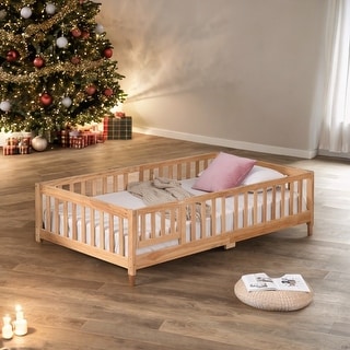 Queen Size Floor Bed with Door,Solid Wood Platform Bed Frame with Fence ...