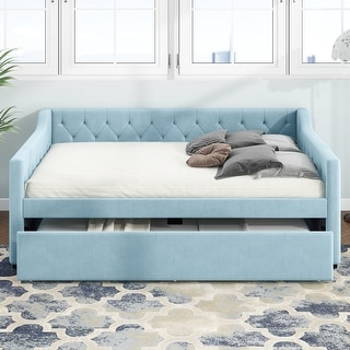 Full Upholstered Tufted Daybed, Velvet Daybed with Trundle Bed, Blue ...