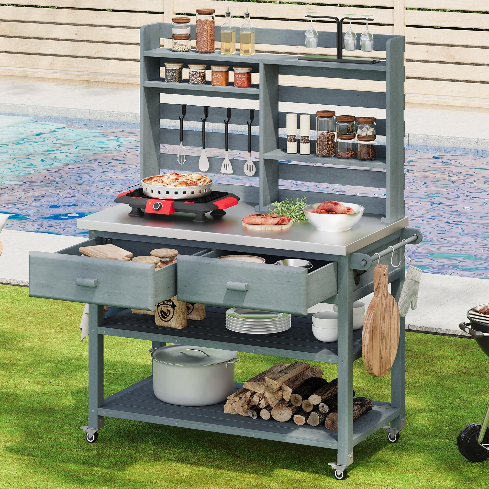 Outdoor Potting Bench Table Grilling Patio Storage Cabinet Tool Cabinet with Wheels Upper Hutch Stainless Steel Top Towel Rack