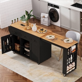 85.5" Kitchen Island with Extendable Dining Table, Rolling Kitchen ...