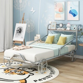 Twin Size Metal Car Bed with Four Wheels & Storage Rack - Bed Bath ...