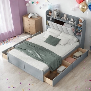 Solid & Sturdy Queen Size Upholstered Platform Bed with Shelves and 4 ...