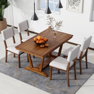 5-Piece Rustic Dining Set with 4 Upholstered Chairs and 59-Inch ...
