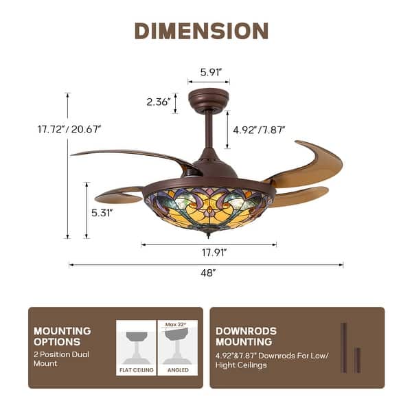Smart Tiffany Stained Glass Retractable Led Ceiling Fan - Bed Bath ...
