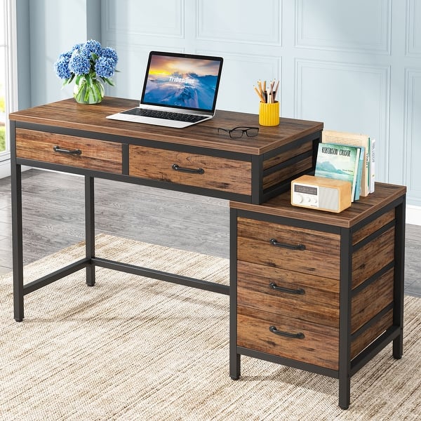 Reversible Computer Desk with 5 Drawers, Home Office Desk with File ...