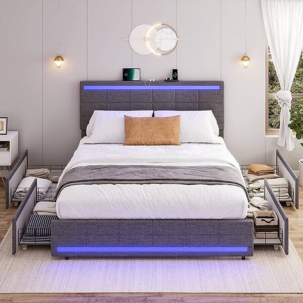 Queen LED Bed Frame with 4 Drawers and 2 USB Charging Station - Bed ...
