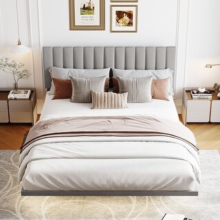 Gray Floating Velvet Queen Size Upholstered Bed, Solid Wood Slats ...