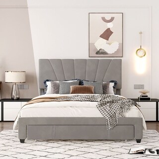 Grey Queen Size Storage Bed Velvet Upholstered Bed with a Big Drawer ...
