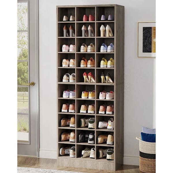 30 Pairs Tall Shoe Cabinet, 10 Tiers White Wooden Shoe Storage Rack for ...