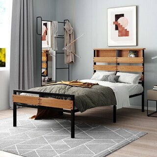 Metal and Wood Bed Frame with Headboard and Footboard ,Twin Size ...
