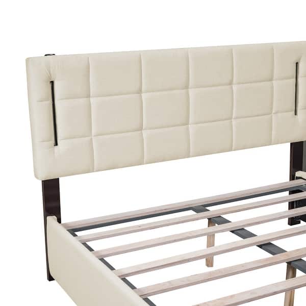 Plaid Upholstered Bed Frame with Light Strip Headboard Footboard - Bed ...