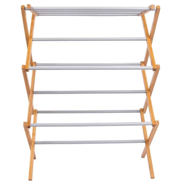 Wooden Clothes Drying Rack 3 Tier Water-Resistant Bamboo Wood Fully ...