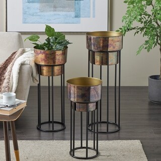Gold Metal Nesting Indoor Outdoor Planter with Tall Black Stands (Set ...