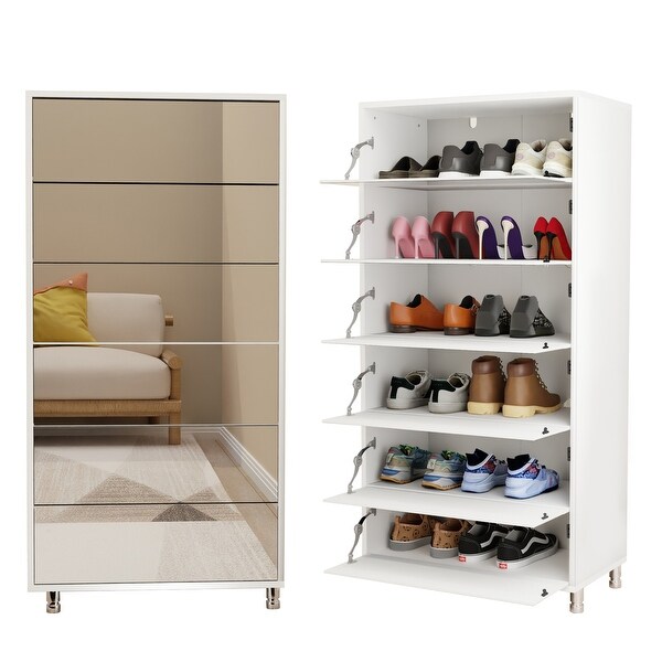 Novaka Functional Mirror Shoe Rack Organizer Cabinet with Flip Down Drawers and Anti Tip Safety for Entryway Hallway Foyer Storage White