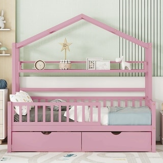 Wooden Twin Size Pink House Bed with 2 Drawers and Storage Shelf - Bed ...