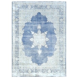 Shahbanu Rugs Blue Semi Antique Persian Kerman Worn Wool Sheared Low ...