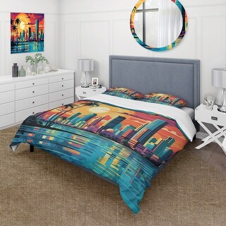 Designart "Pop Art Miami Cityscape I" Multi-Color Glam - Bedding Set ...