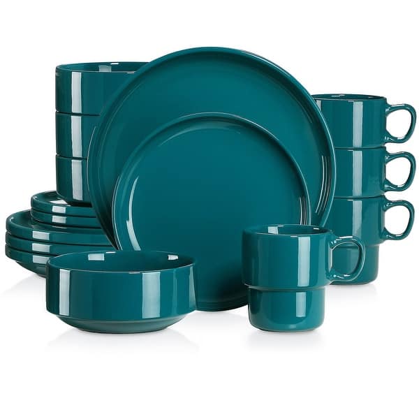 LOVECASA 16-Piece Round Dinnerware Set Stackable, Service for 4 - Bed ...