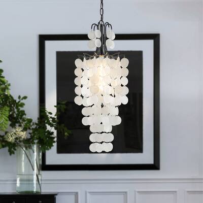 1-Light 12" Glam Coastal Capiz Tierd Chandelier High Ceiling French ...