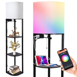 3-Tier Modern Shelf Floor Lamp with RGB Intelligent Bulb, 2 USB Ports ...