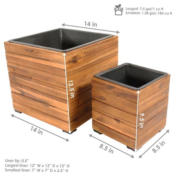 2-Piece Large Acacia Wood Square Planter Boxes with Plastic Liners ...