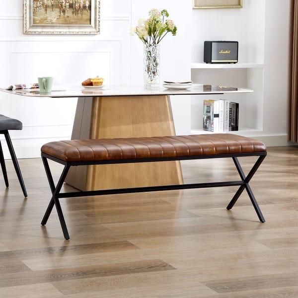 Tufted Faux Leather Upholstered Dining Bench with Metal X Legs - On ...