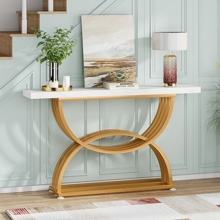 42 Inch Console Table, Faux Marble Sofa Table Gold Entryway Table - Bed ...