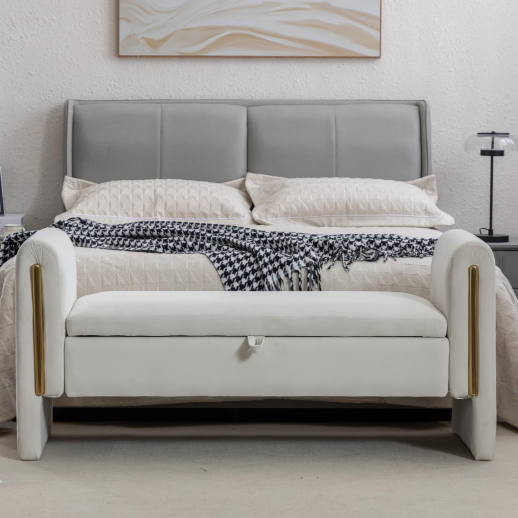 Storage Bench for Bedroom End of Bed Rolled Armed Velvet Fabric Ottoman ...