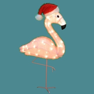32" Pre-Lit Pink Flamingo with Santa Claus Hat Soft Tinsel Christmas ...