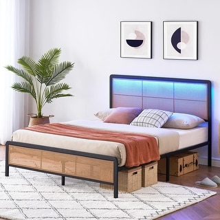 Full Size Rattan Bed Frame with Led Light Headboard, Bohemian Style ...